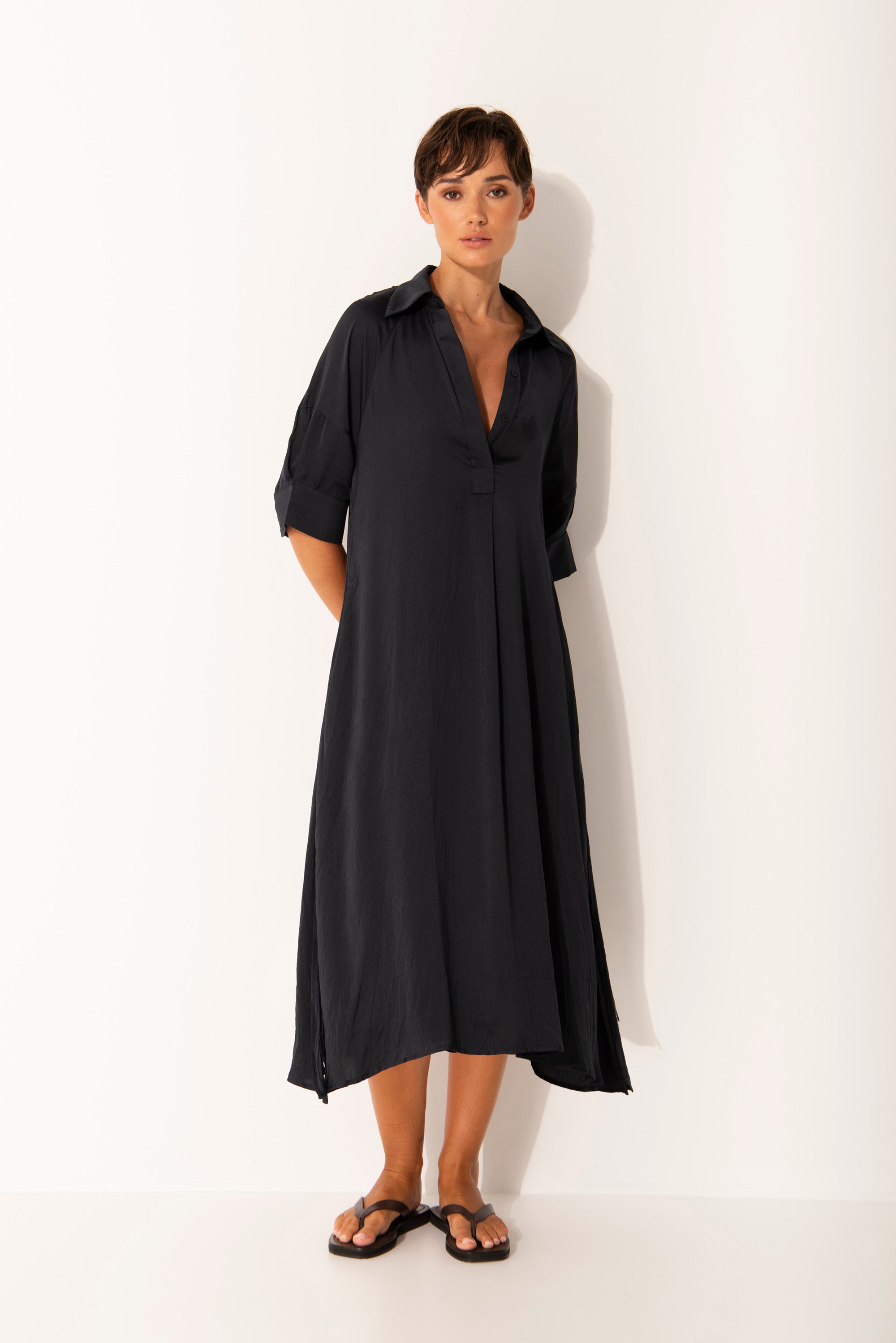 Breathable Fluid Airflow Belted A.Line Shirt Dress Symi Sea – Lounge ...